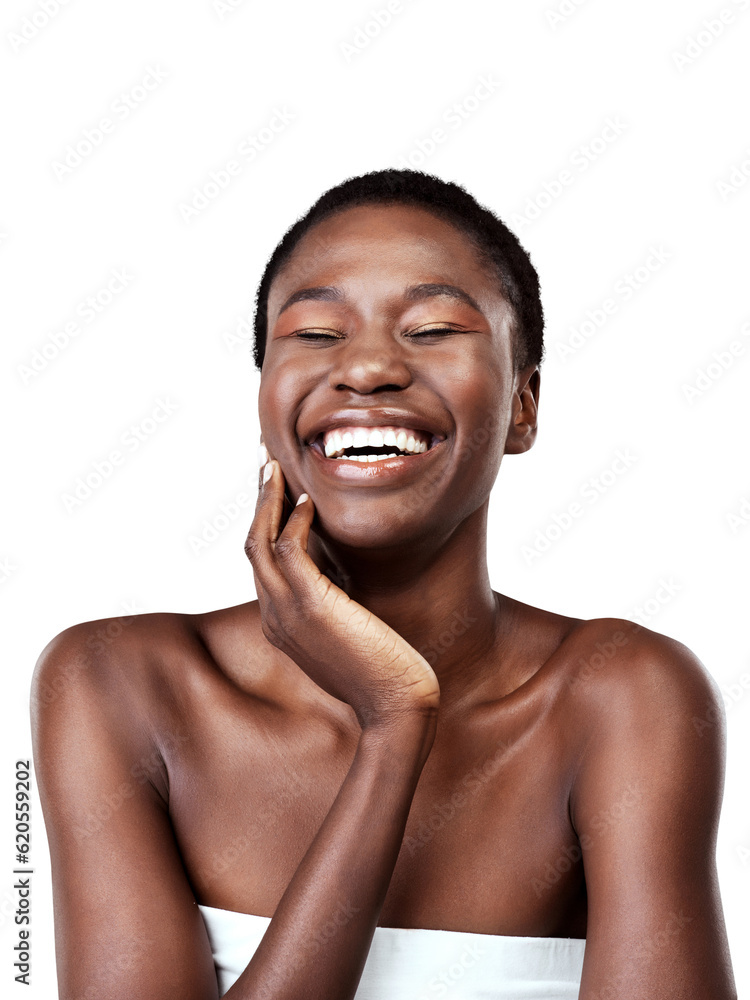 Face, skincare and funny black woman isolated on a transparent png ...