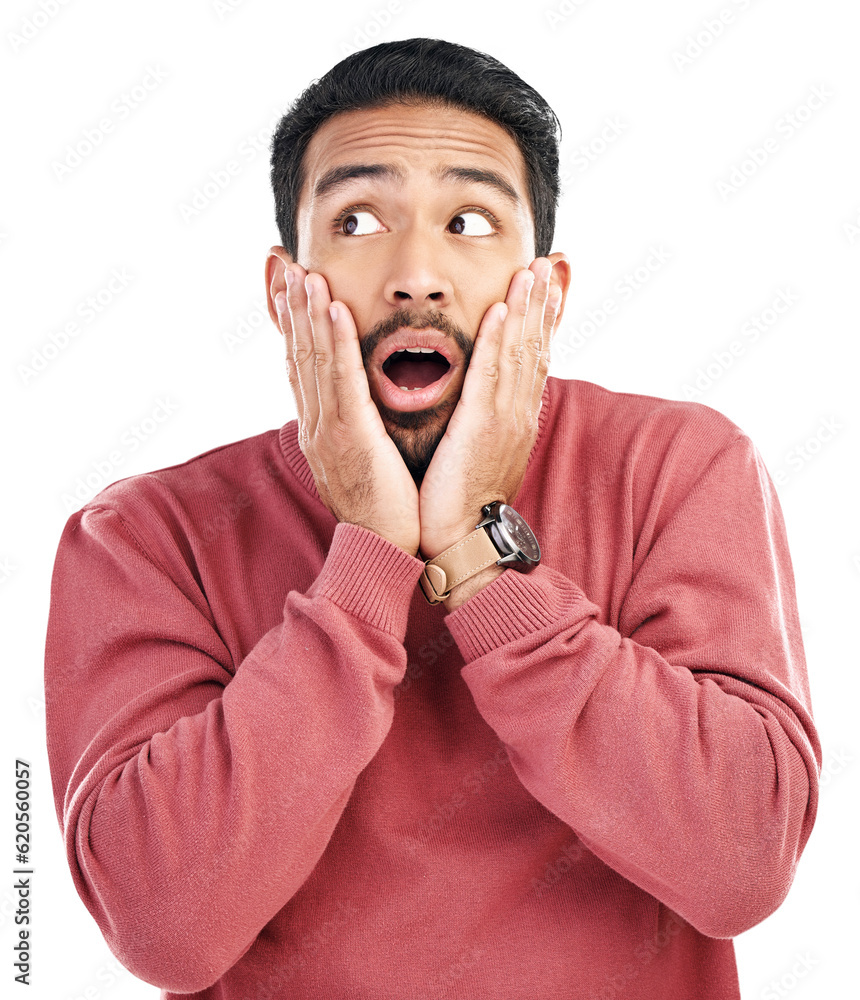 Wow, surprise and hands on face of asian man with gossip, secret or ...