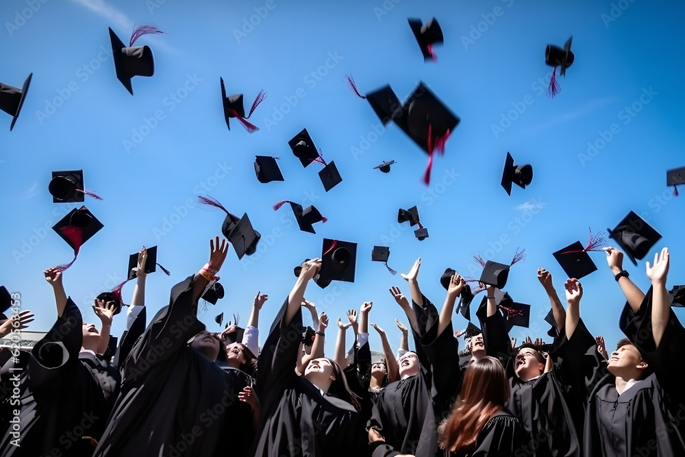 Students throwing graduation hats in the air celebrating. education ...