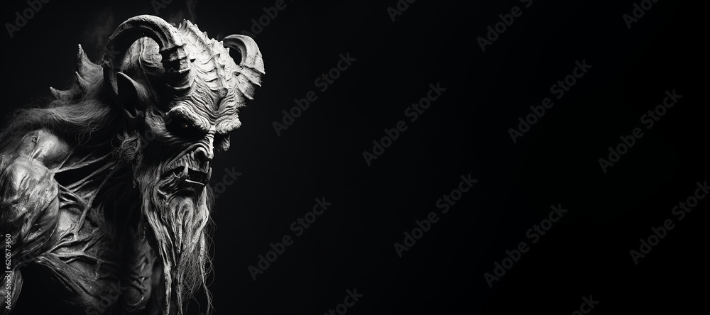 Black and white portrait of a demonic devil on black background banner ...