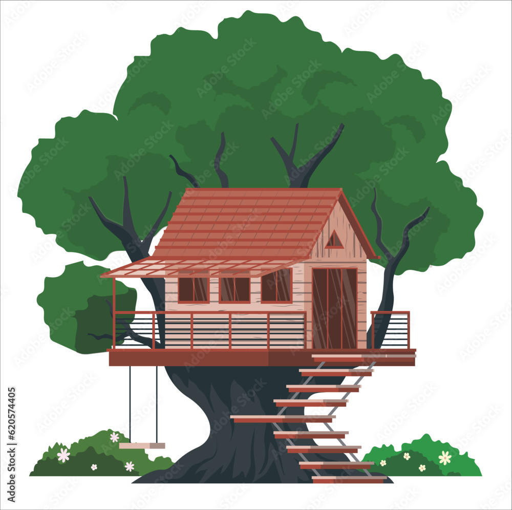 Tree house Digital illustration of a cute little house on the tree with ...