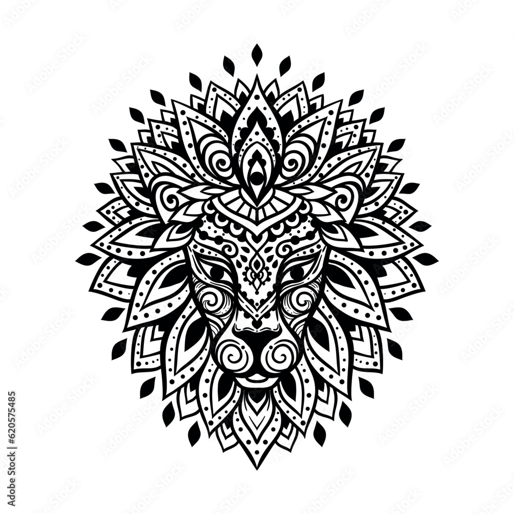 Lion mandala ornament. Vector illustration. Flower Ethnic drawing. Lion ...