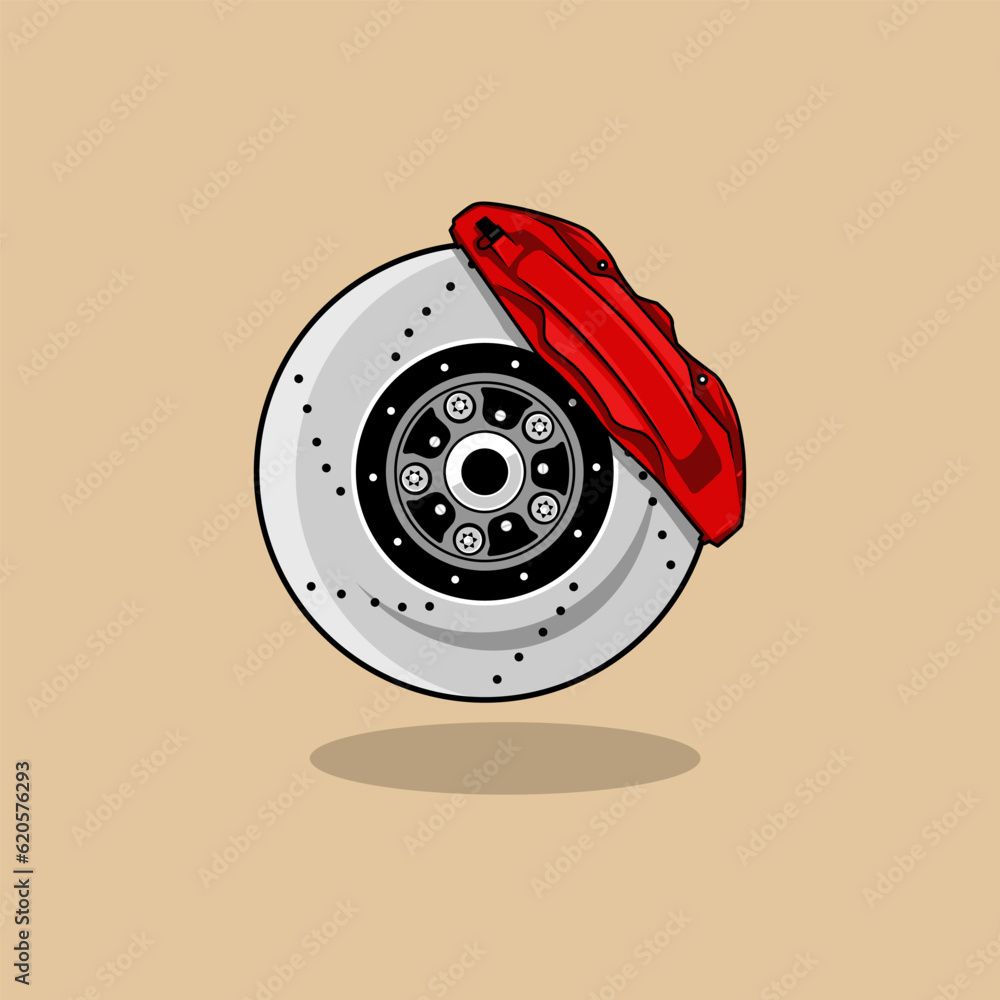 vector illustration of the car brake disc and caliper in red are ...