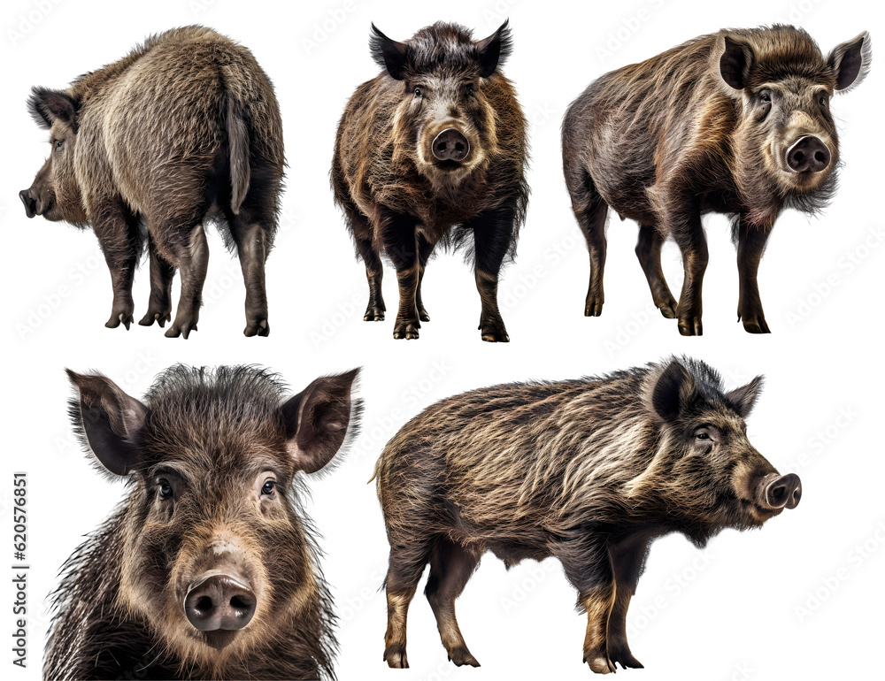 Boar hog, many angles and view portrait side back head shot isolated on ...