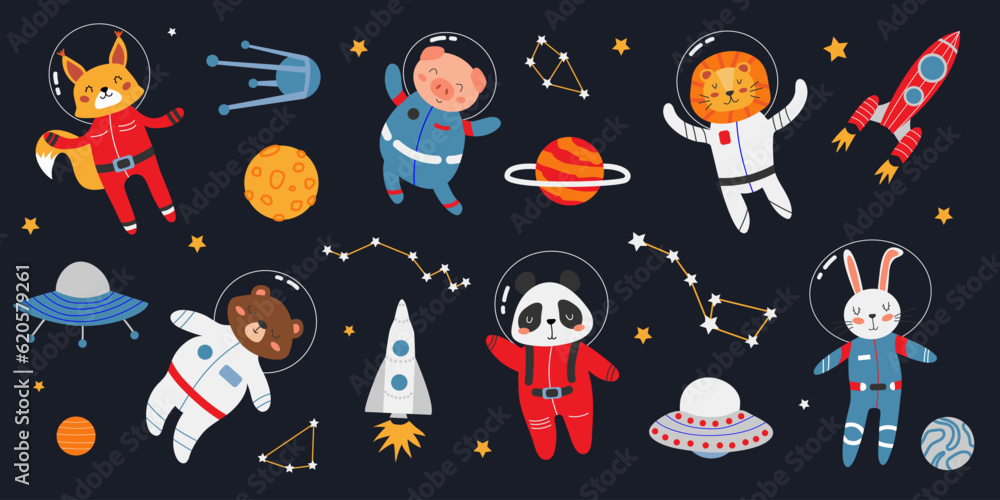 Large vector set of space elements and animals. Cute animals in space ...