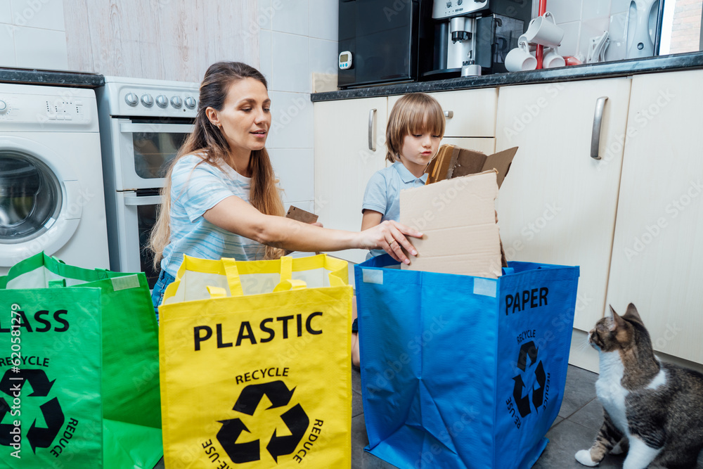 Mother is teaching kid how to recycle help the boy aware environmental ...