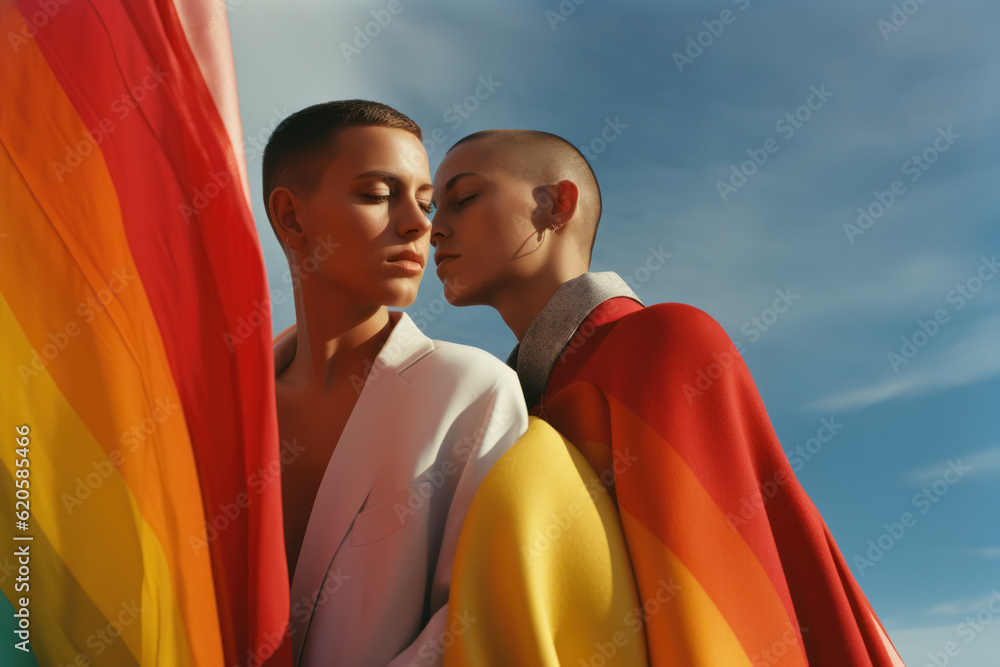 two friends/models/lgbtq+ non binary couple standing in nature with ...