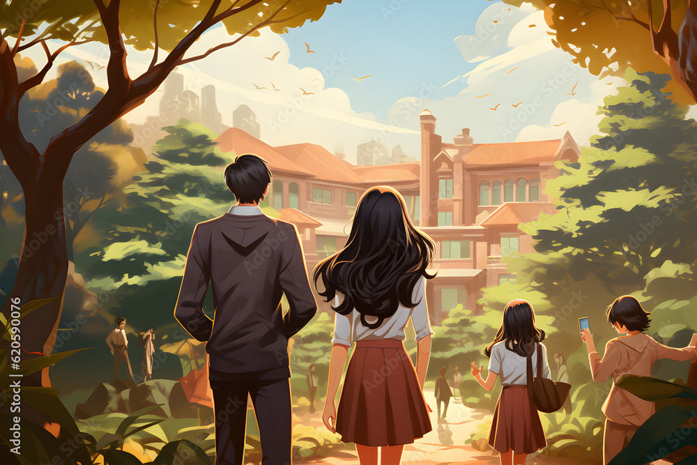 High school student walking to school on the first day of school. Come ...