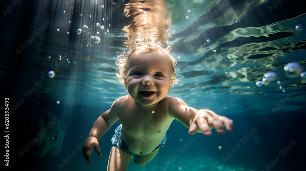 Happy baby have fun in swimming pool. toddler swimming under water ...