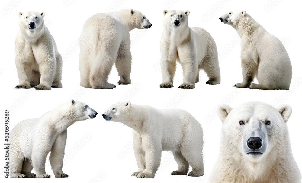 Polar bear, many angles and view portrait side back head shot isolated ...