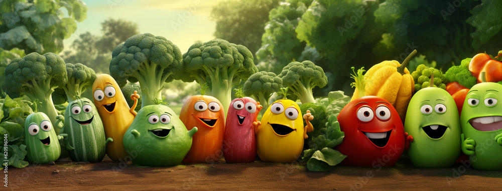 Happy healthy vegetables in a row.Cartoon vegetable characters ...