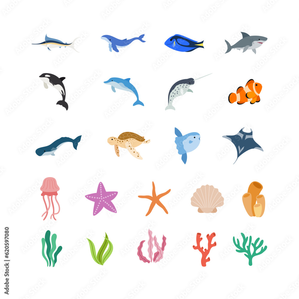 Marine Animals Illustration. Inhabitants of sea, ocean underwater life ...
