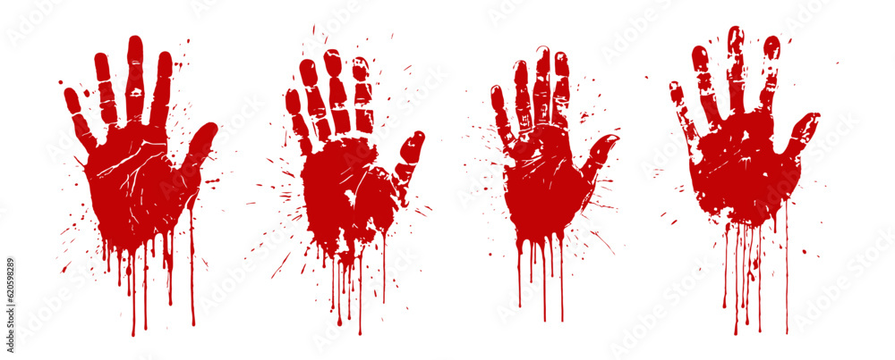 Red hands print with drips and splatters. Horror and dirty red palm for ...