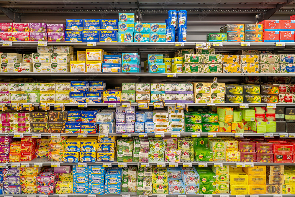 Italy - July 06, 2023: tea, camomile and herbal teas and teas of ...