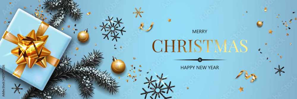 Horizontal banner with blue and gold Christmas symbols and text. Frame ...