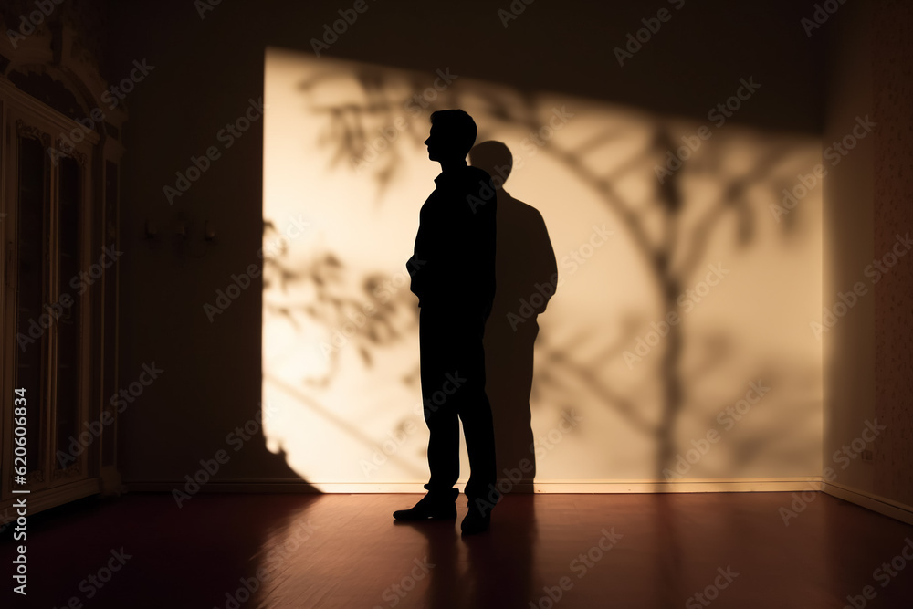 A silhouette of a man in a room, cast by the front light. The interplay ...