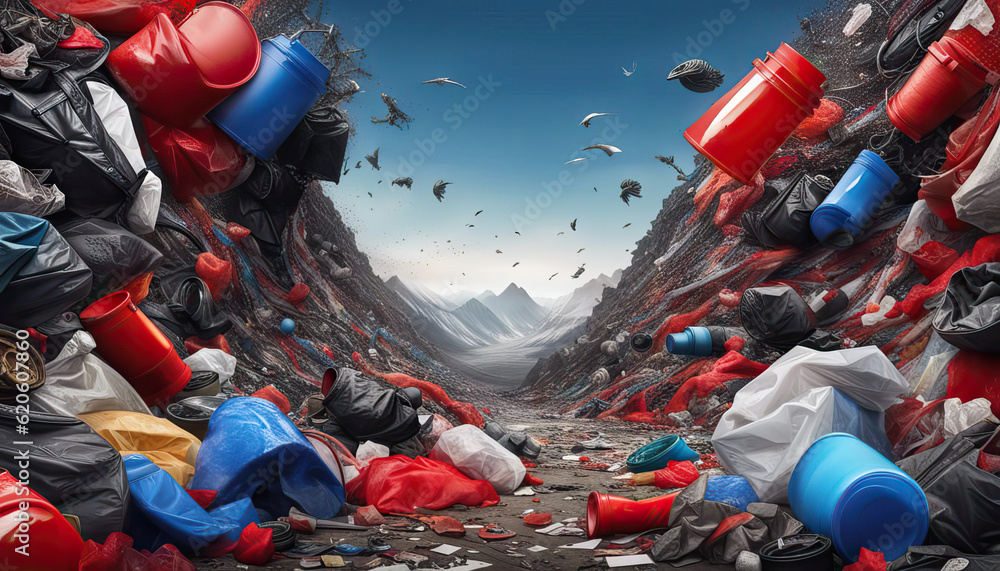 Plastic waste dump landfill with mountains of plastic bags and human ...