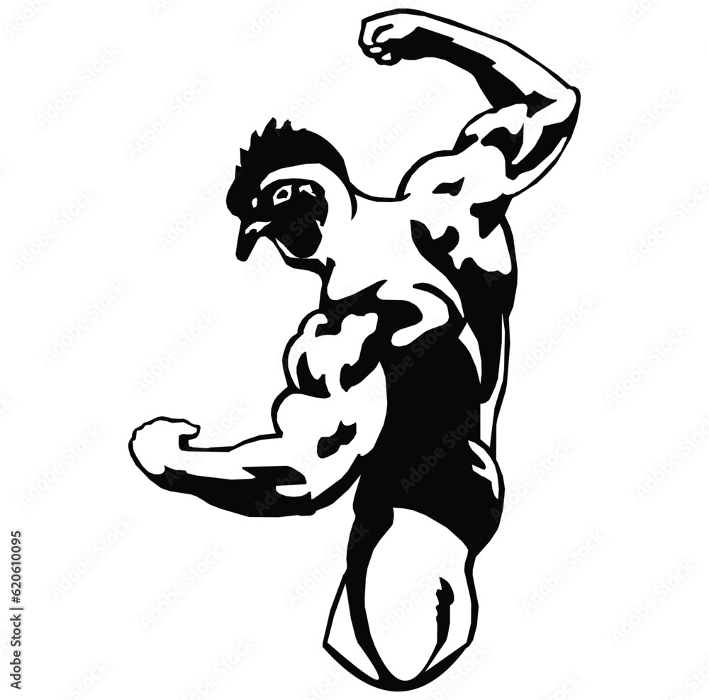 Vector silhouette bodybuilder chicken head character isolated on white ...