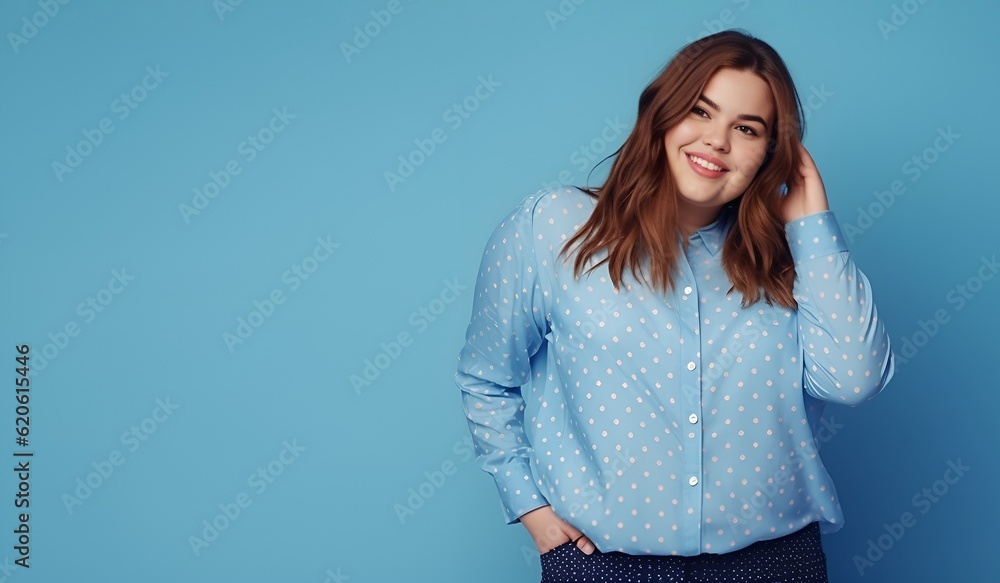 Plus size happy plump girl attractive overweight model on blue ...