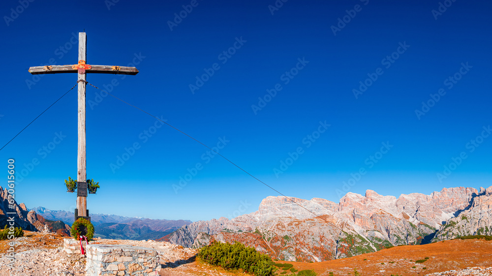 Summit cross post at three Dolomite peaks at the national park Three ...
