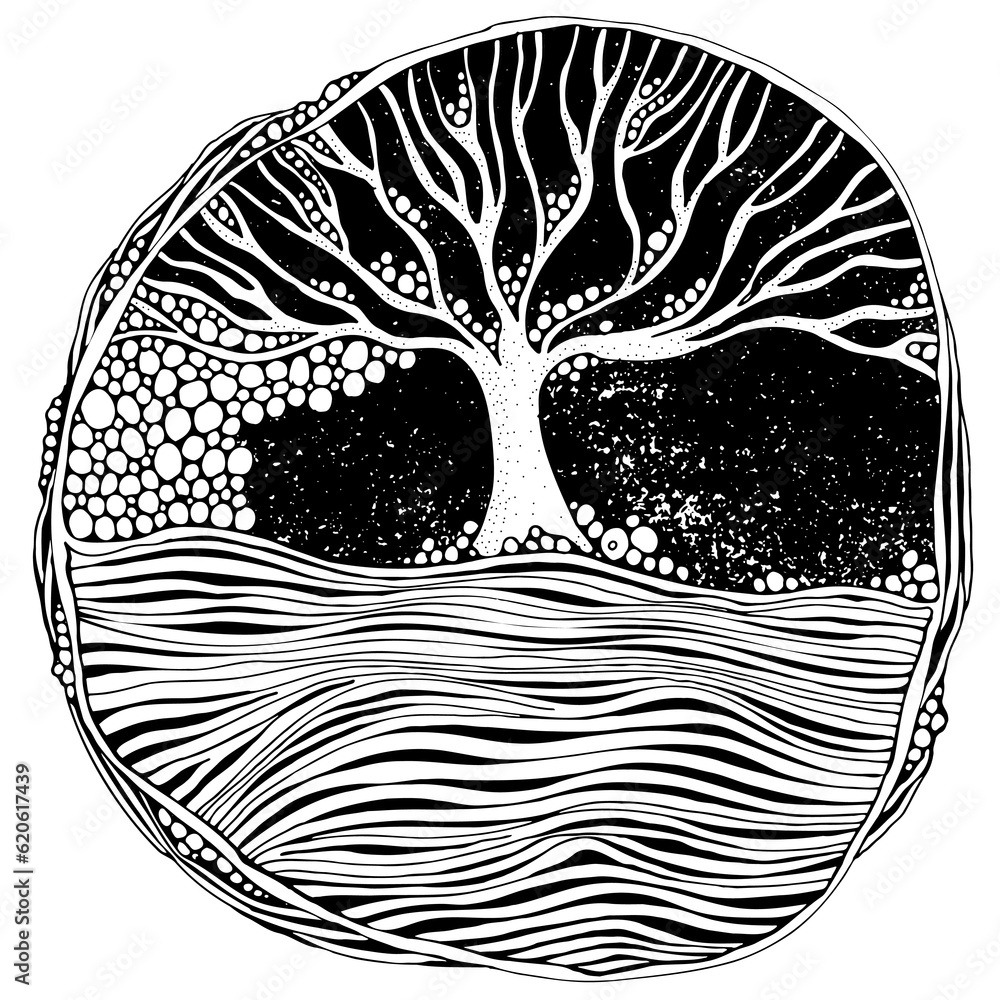 Circle ethnic pattern. Lonely tree, night, moon. Hand-drawn, ethnic ...