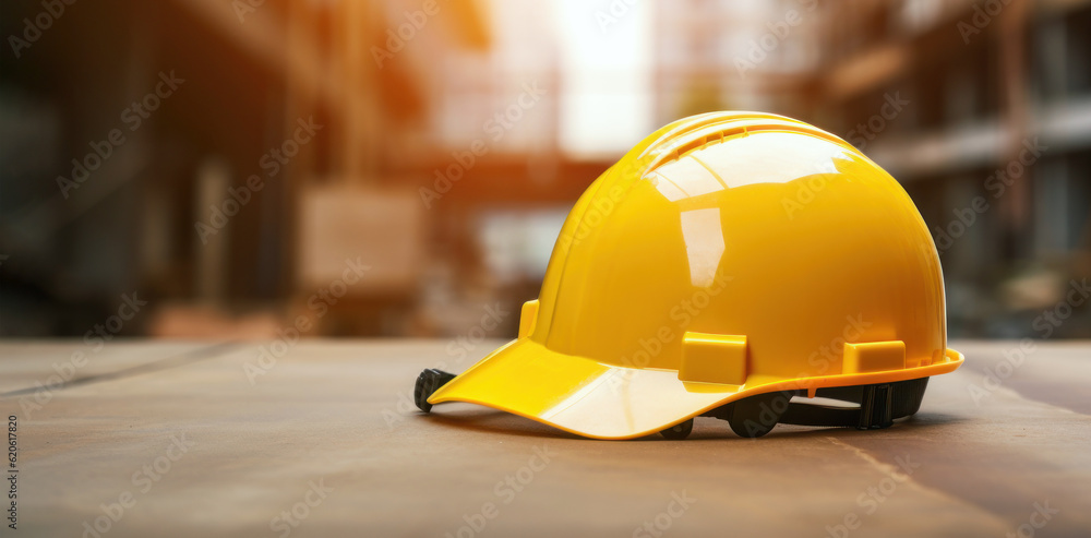 yellow hard hat on construction site background. banner with copy space ...