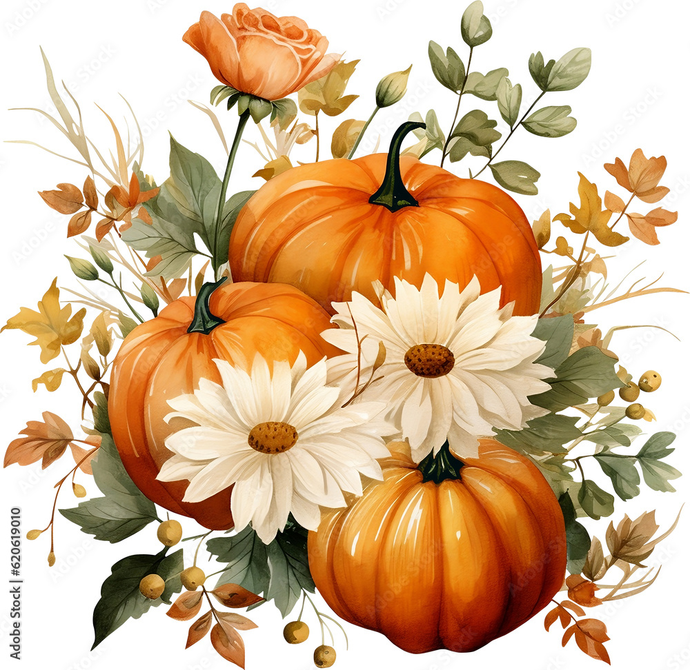 Watercolor Autumn Pumpkin Clipart, Fall Floral Leaves, Watercolor ...
