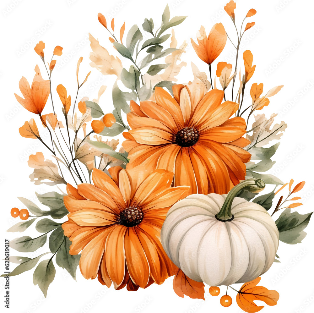 Watercolor Autumn Pumpkin Clipart, Fall Floral Leaves, Watercolor ...