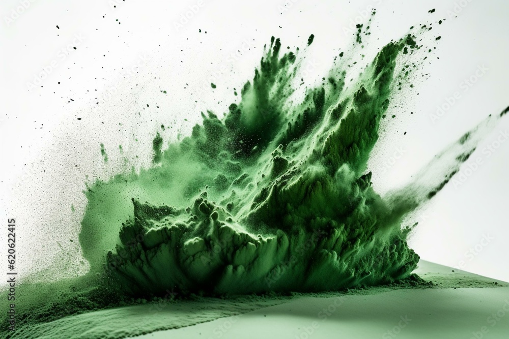 White background covered in green powder bursting upwards. Generative ...