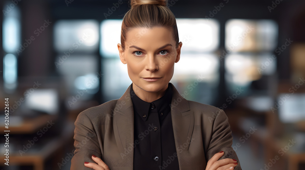 A confident woman stands with her arms crossed, radiating strength and ...