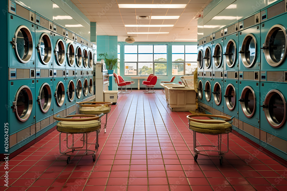 Professional washing machines at the self-service laundry. Interior ...