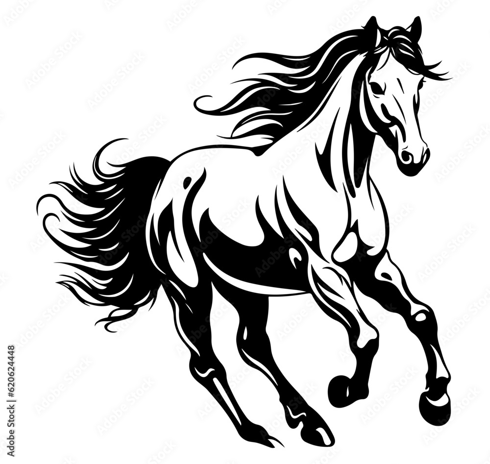 Galloping forward: Horse with beautiful mane and tail running fast ...