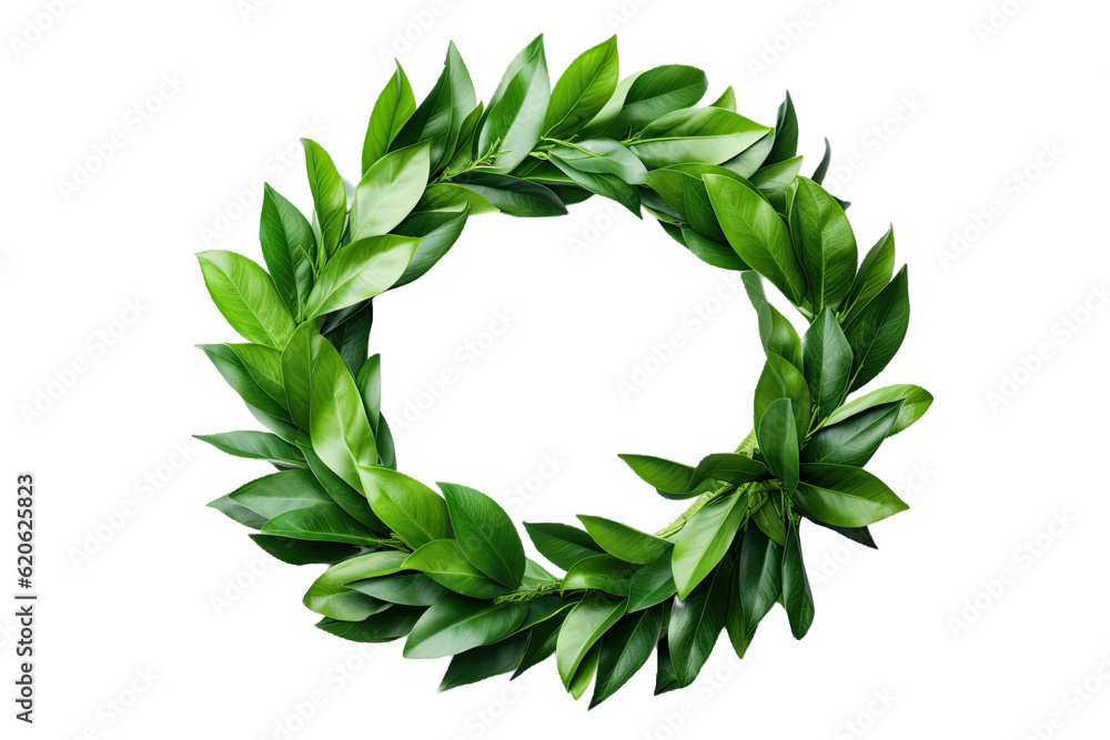 An isolated laurel wreath created from fresh branches of bay leaves ...