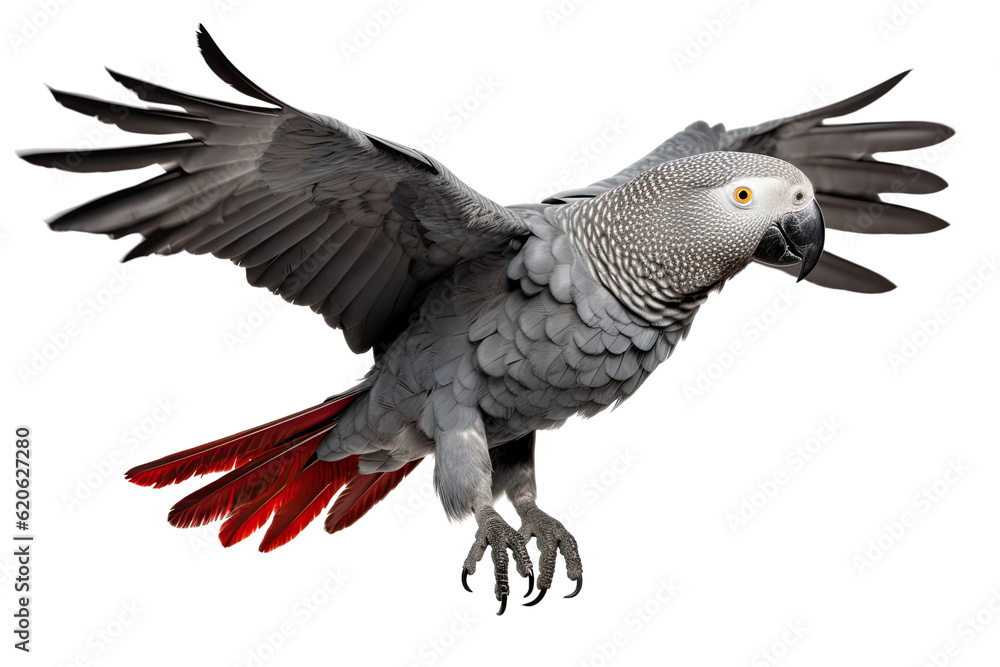 African Grey Parrot flying isolated on white, transparent background ...