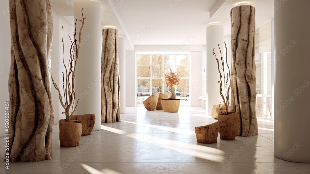 Tree trunk columns in rustic interior design of modern entrance hall ...