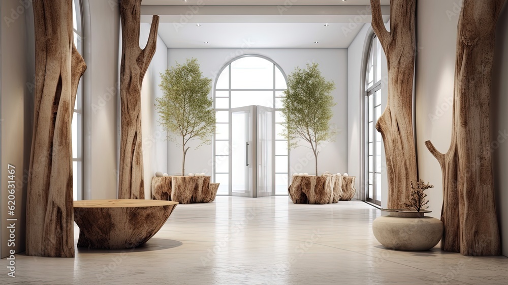 Fotka „Tree trunk columns in rustic interior design of modern entrance ...
