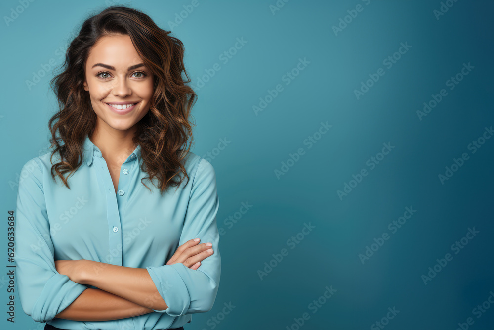 Smiling young woman stands against the solid color background ...