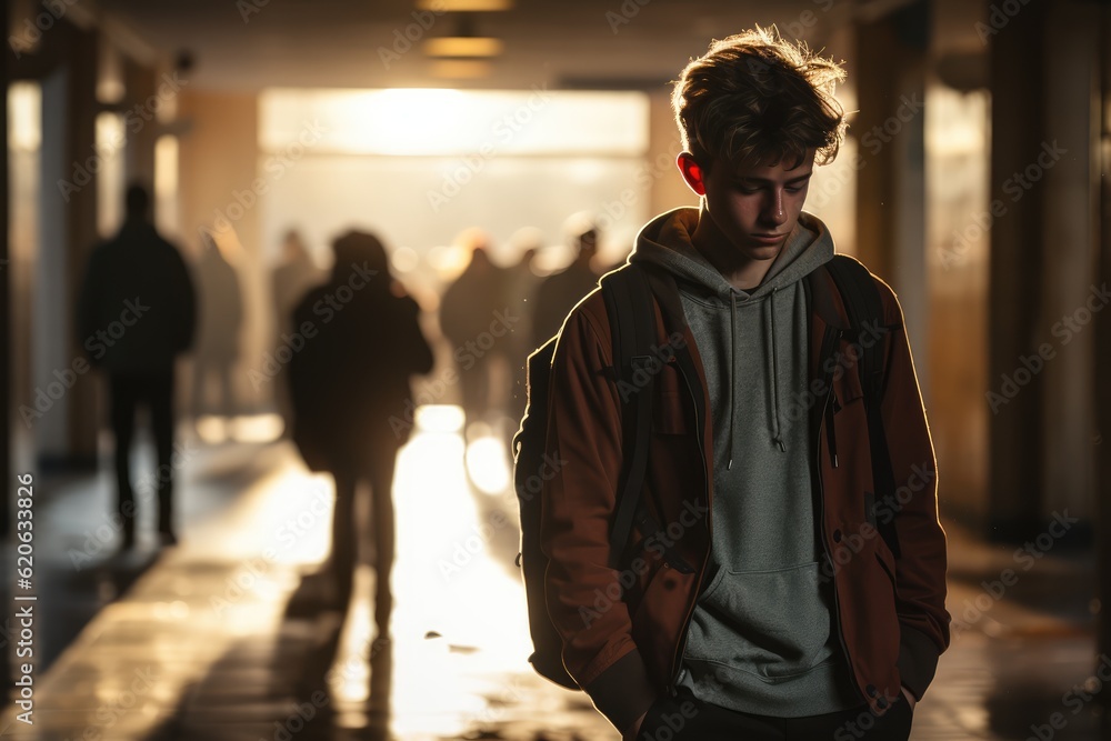 Impact of bullying - Young person alone in a school hallway Stock Photo ...