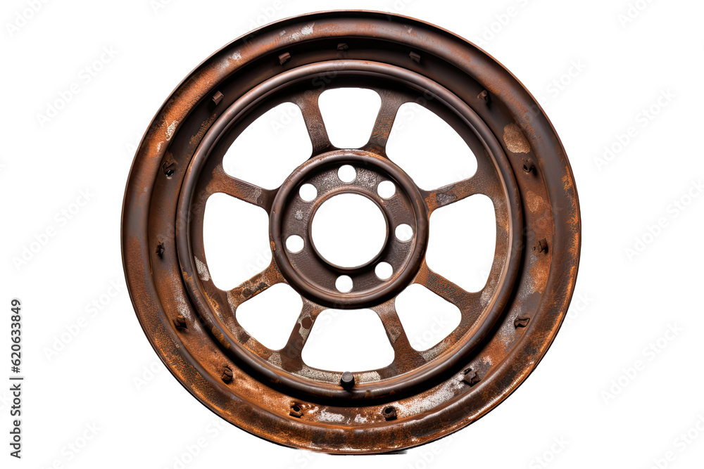 A photo of an isolated old car rim made of rusted metal. It is seen ...