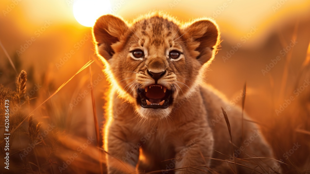 lion cub in the african savannah learning to roar, created with ...