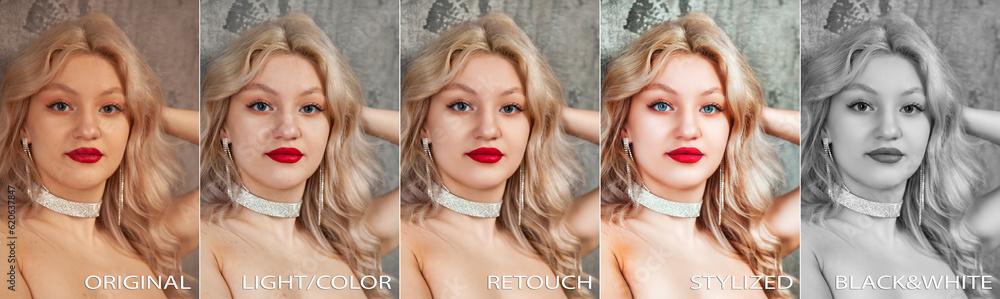 Collage edit photo face of pretty woman model before after processing ...
