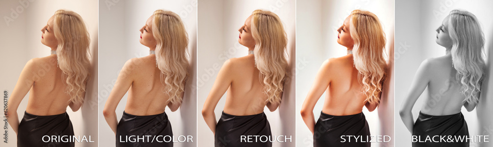 Edit Photo Collage Of Back Lovely Model Before After Processing In
