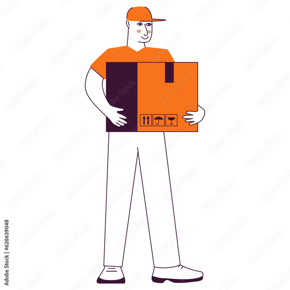 Man holding a package box.Delivery man.A postman with a box.Outline ...