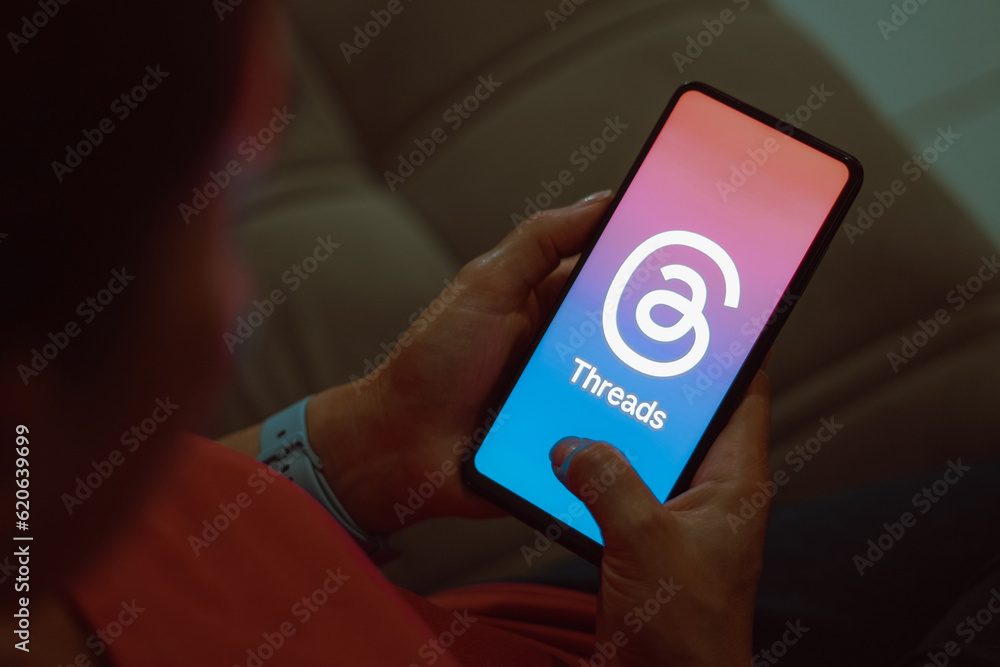 July 6, 2023, Brazil. In this photo illustration, the app Threads from Meta seen displayed on a ...