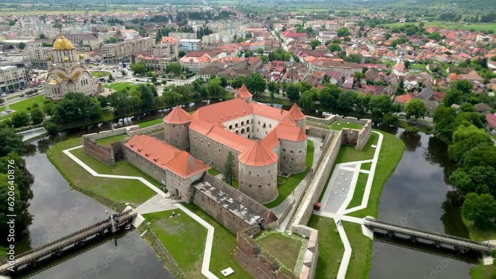 Vidéo Stock Cinematic aerial perspective of Fagaras city, with Fagaras ...