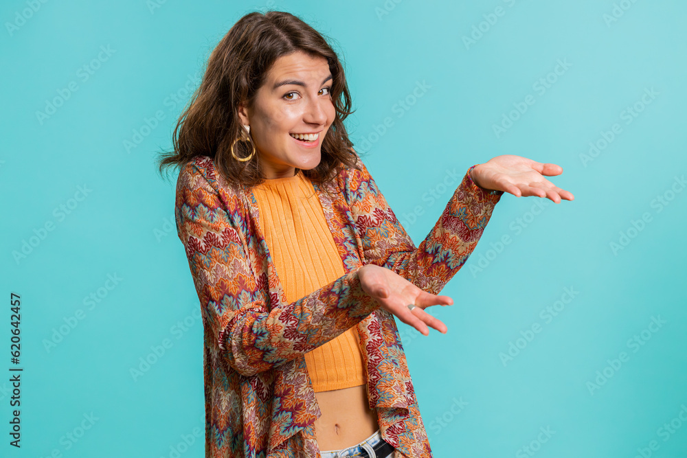 Woman raising hands asking what why reason of failure, demonstrating disbelief irritation by ...