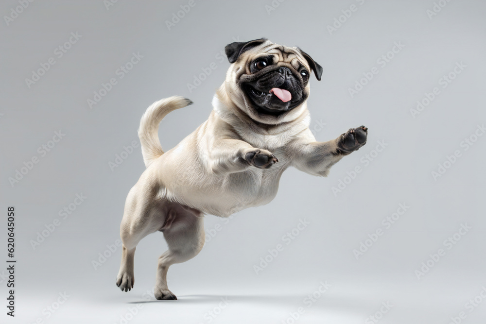 Happy Pug dog jumping on a white background. Banner concept for pet ...