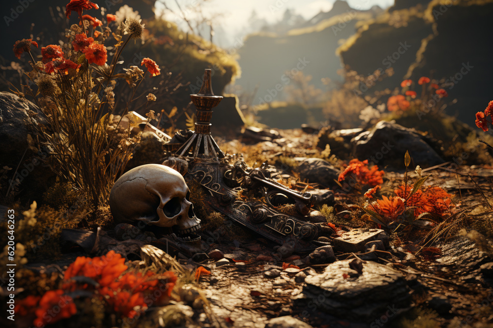 An image showcases a Stone Age burial site, with ancient skeletal ...