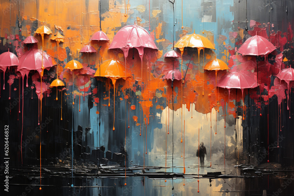 A mixed-media artwork combining collage and paint, depicting rain as a ...