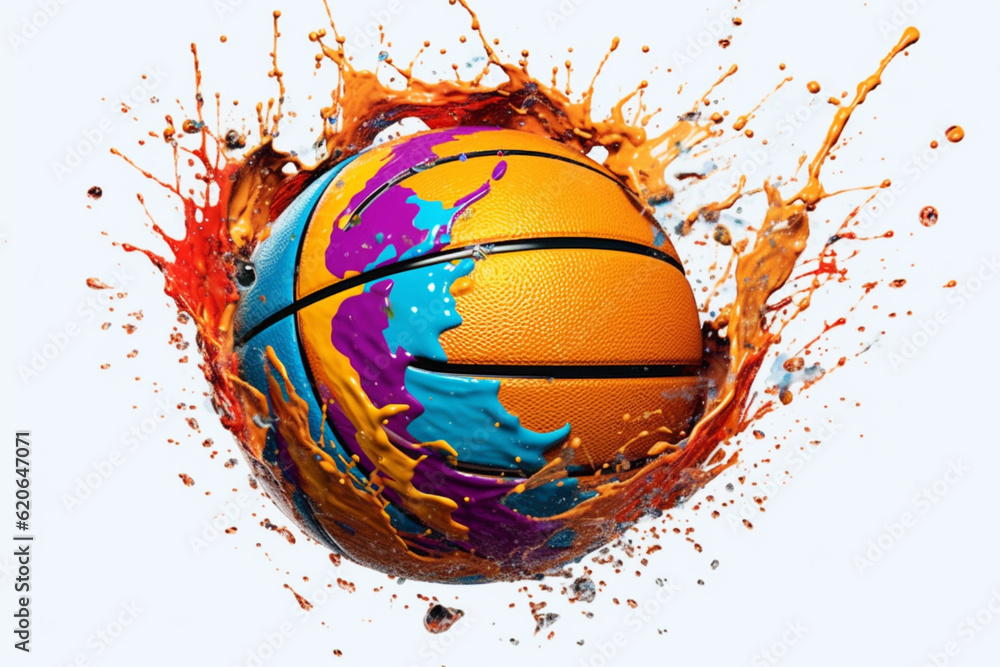 An artistic representation of a basketball covered in splashes of ...